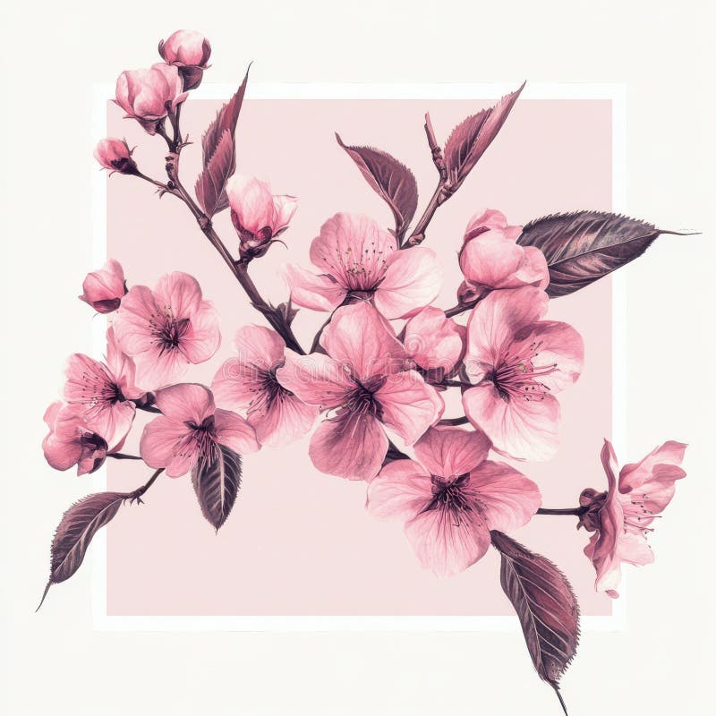 Pink Sakura Cherry Blossom Flower with White Square Shape Line Frame ...