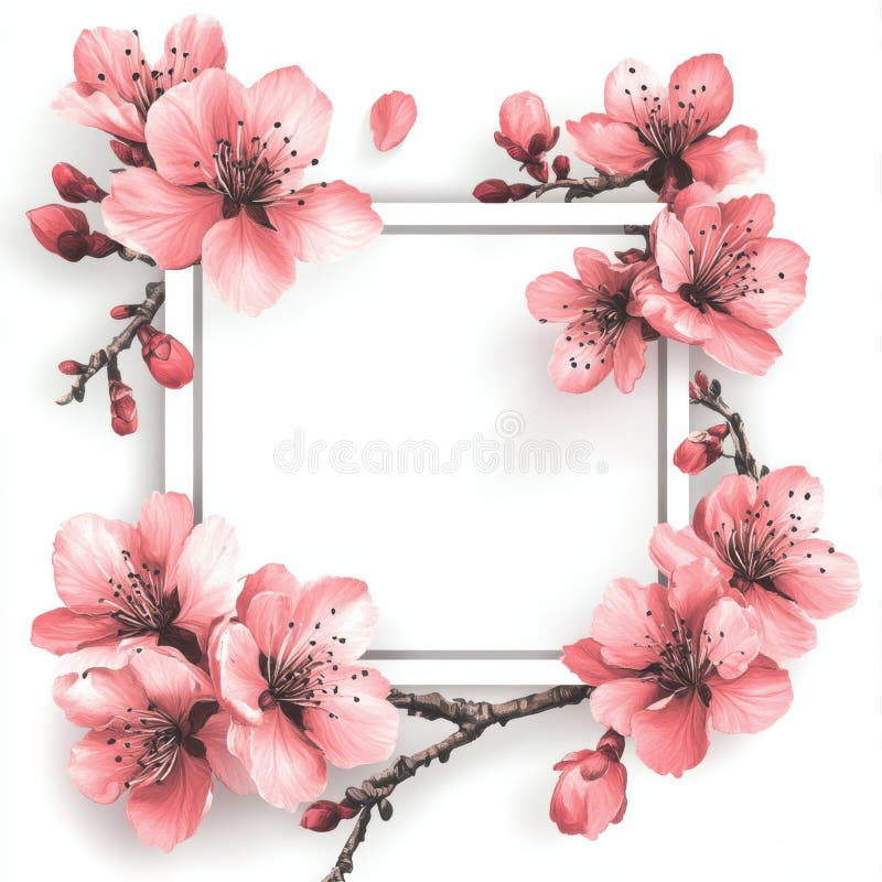 Pink Sakura Cherry Blossom Flower with White Square Shape Line Frame ...