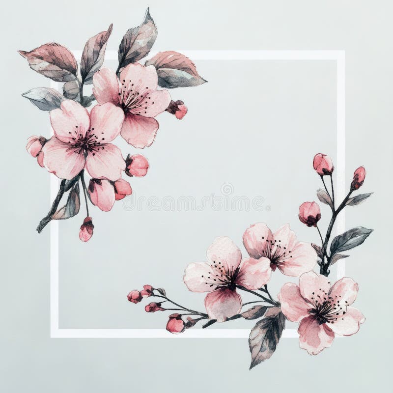 Pink Sakura Cherry Blossom Flower with White Square Shape Line Frame ...