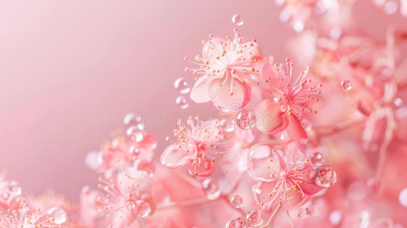 Pink Sakura Flowers with Water Drops on Light Pink Background. Floral ...