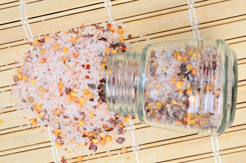 Pink Salt with Chili Seed on Table Stock Image - Image of rock, detail ...