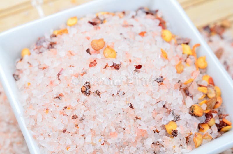 Pink Salt with Chili Seed on Table Stock Photo - Image of spice, chili ...