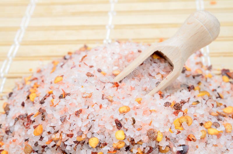 Pink Salt with Chili Seed on Table Stock Photo - Image of scoop, stone ...