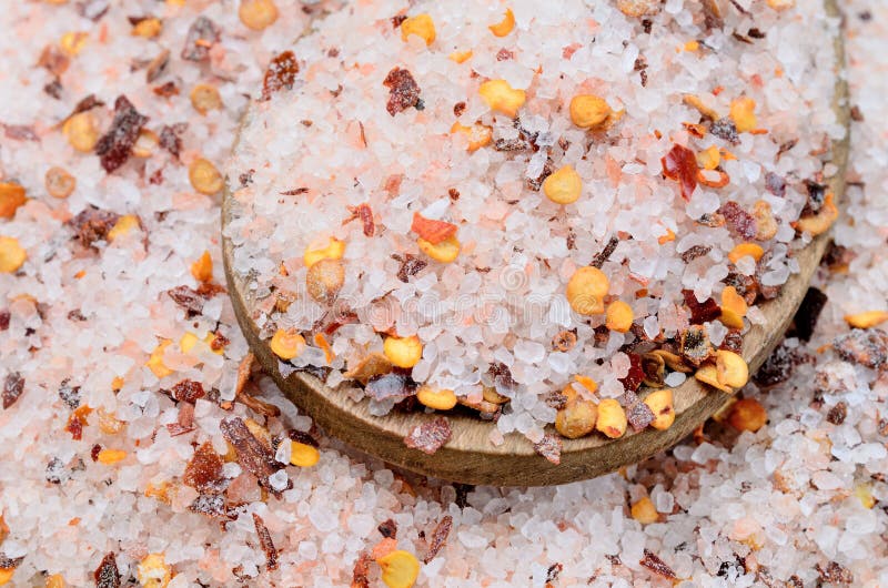 Pink Salt with Chili Seed on Table Stock Photo - Image of paprika ...