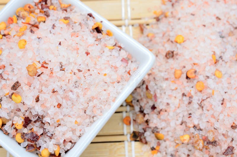 Pink Salt with Chili Seed on Table Stock Image - Image of pink, rock ...