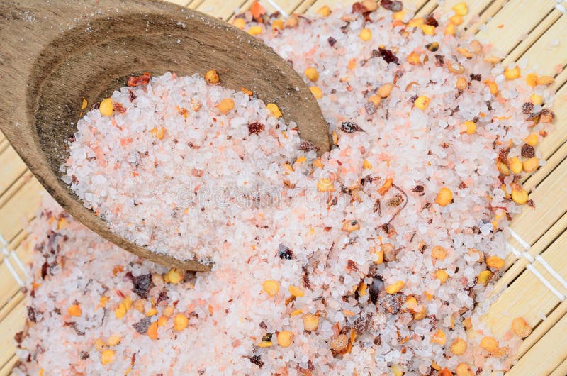 Pink Salt with Chili Seed on Table Stock Image - Image of condiment ...
