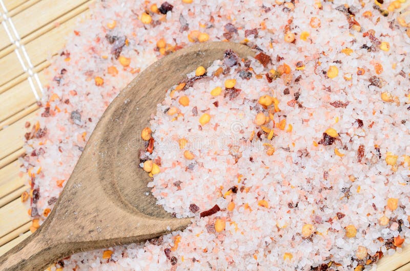 Pink Salt with Chili Seed on Table Stock Image - Image of himalayan ...