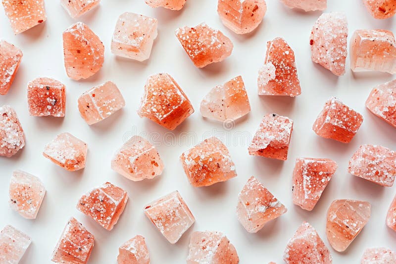 Pink Salt Crystals Arranged in a Grid Pattern on a Solid White ...
