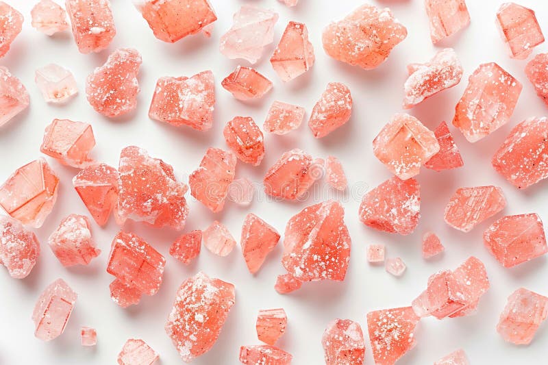 Pink Salt Crystals Scattered Randomly Across a Solid White Background ...