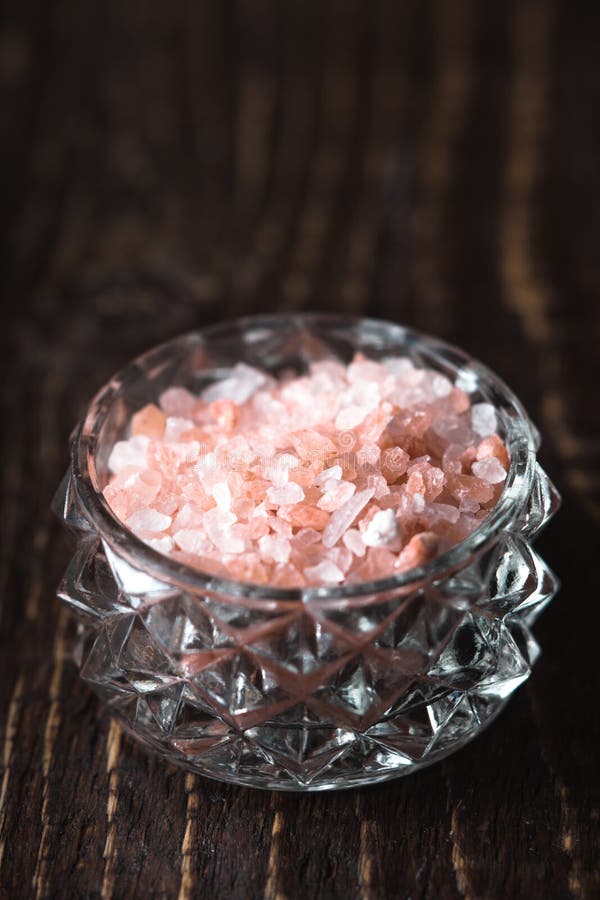 Pink Salt in a Glass Bowl on a Wooden Table Stock Photo - Image of side ...