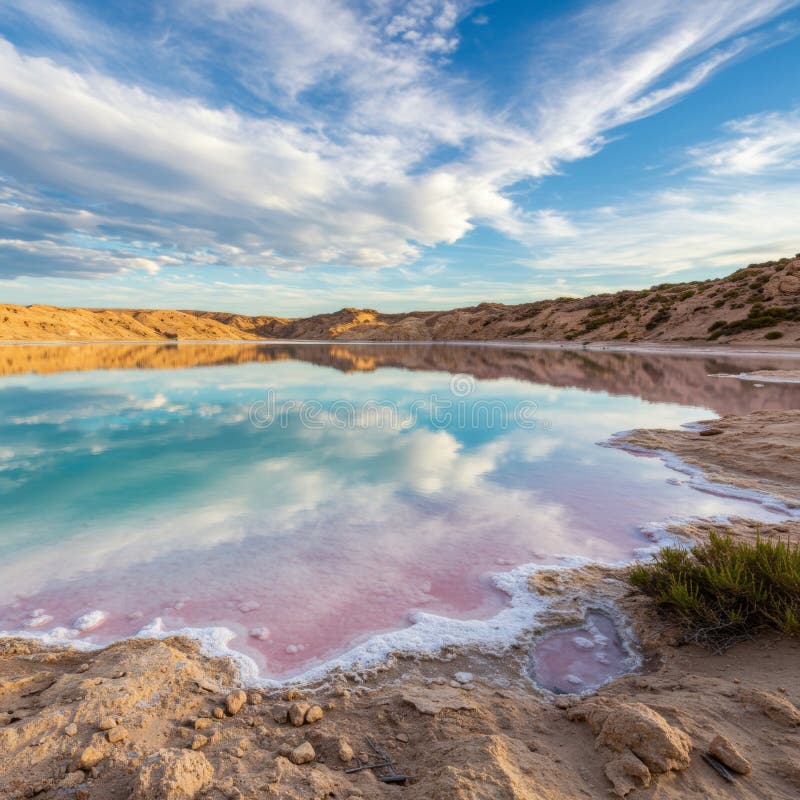 Pink Salt Lake Reflection at Sunset Stock Illustration - Illustration ...