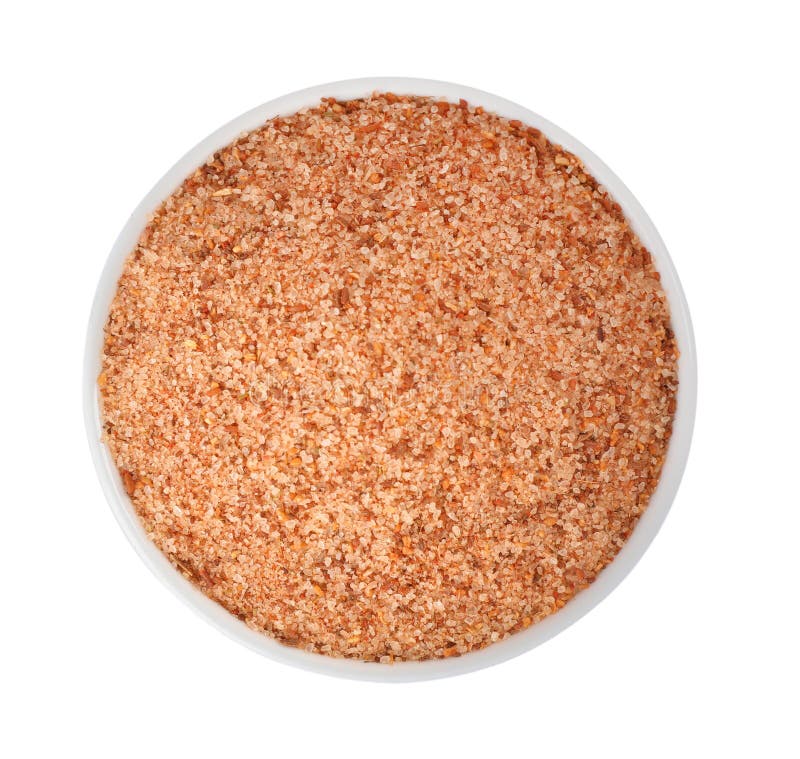 Pink Salt with Spices in Bowl Isolated on White, Top View Stock Photo ...