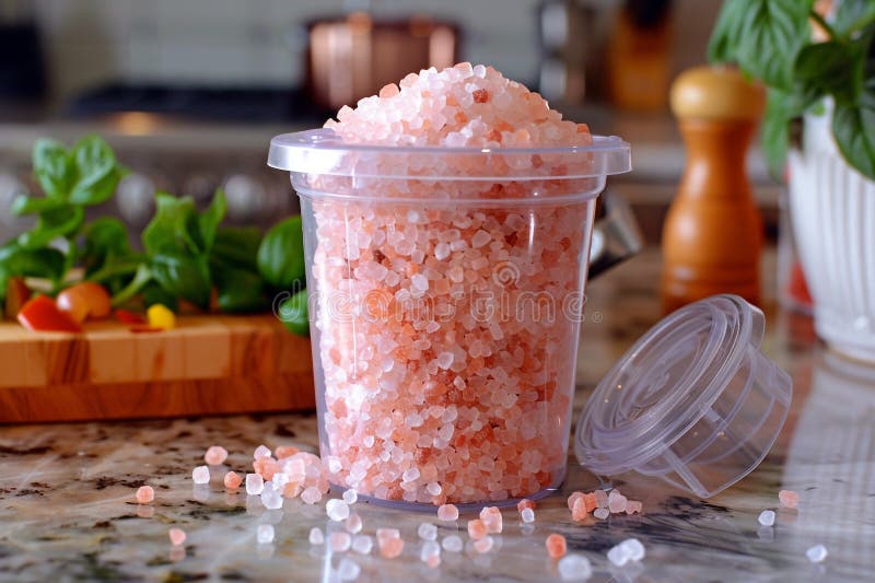 Pink Salt in a Transparent Plastic Container with a Lid, Placed on a ...