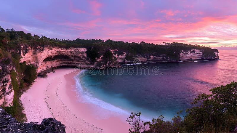 Pink Sand Beach at Sunset Panorama Stock Illustration - Illustration of ...