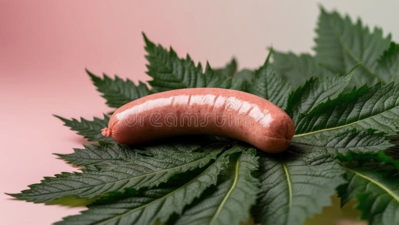 Pink Sausage with Green Leaves on Pink Background. Stock Photo - Image ...