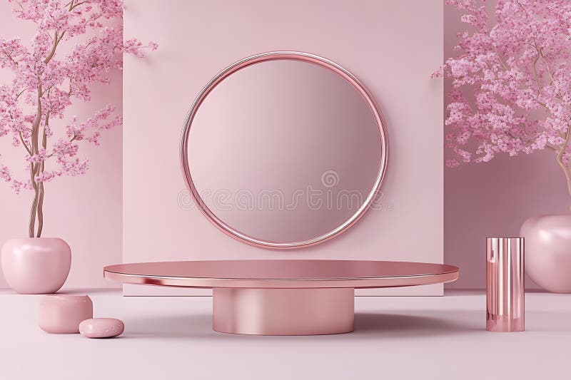 A Pink Scene with a Round Platform Circle Backdrop and Flowering Trees ...