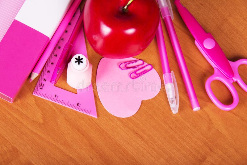 The Set of Pink School Accessories Stock Image - Image of ballpen, book ...