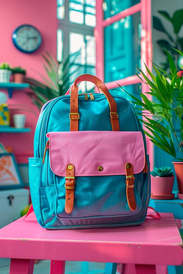 Pink School Backpack on a Soft Pink and Blue Room Stock Illustration ...