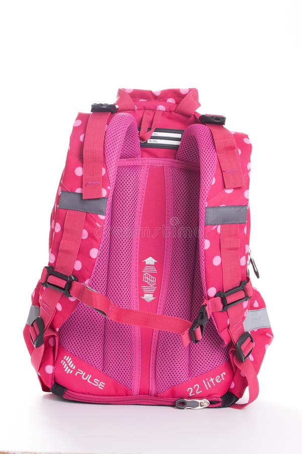 Pink School Backpack with White Dots Isolated on White Stock Photo ...