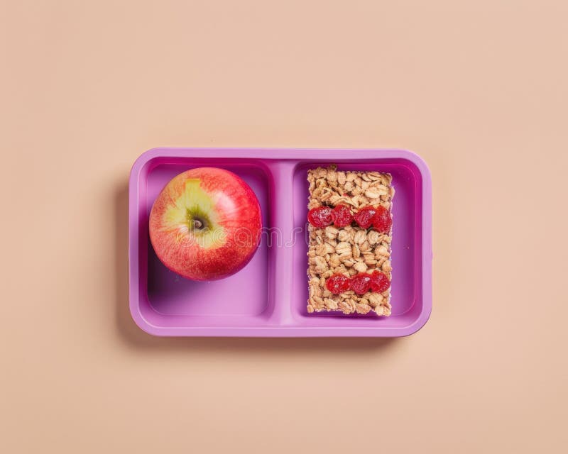 Pink School Lunch Box with an Apple, Granola Bar and Milk on the Bottom ...