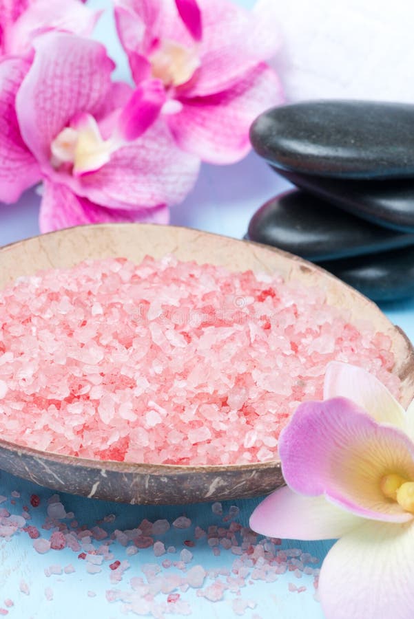 Pink Sea Salt, Stones for Spa, Flowers and Towels Stock Image - Image ...