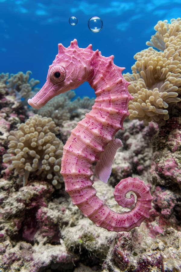 Pink Seahorse Swimming in Coral Reef Stock Illustration - Illustration ...