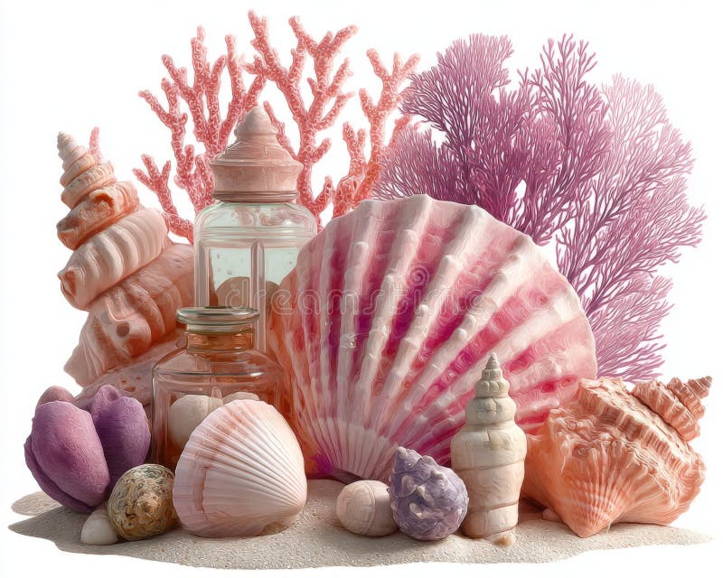 Pink Seashells and Coral Arrangement on Sand Stock Illustration ...
