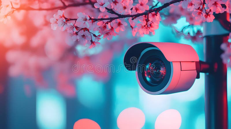 Pink Security Camera Blossom Tree Night Lights Urban Surveillance Stock ...