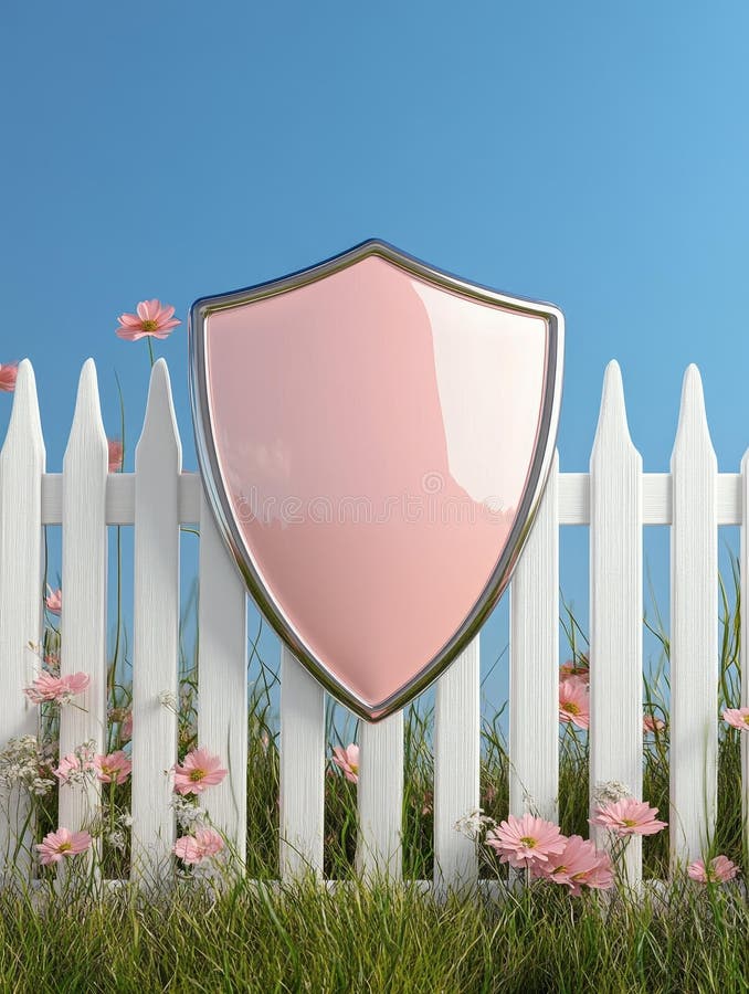 Pink Security Shield on White Picket Fence Symbolizing Protection ...