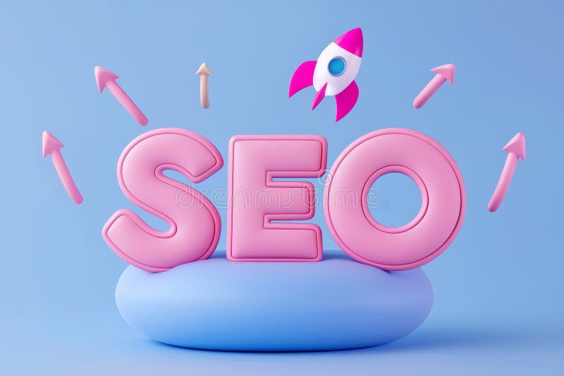 Pink Seo Word on a Blue Cloud with a Launching Rocket and Upward Arrows ...