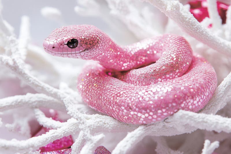 Pink Sequined Snake Resting on White Branches, Sparkling and Glittering ...