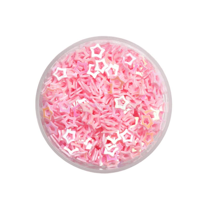 Pink Sequins in Shape of Stars on White Background, Top View Stock ...