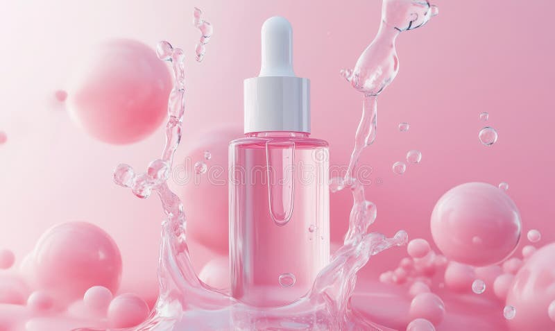 Pink Serum Bottle Splashing in Water with Bubbles on Soft Pink ...