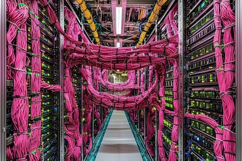 Pink Server Cables in Data Center Aisle Stock Illustration ...