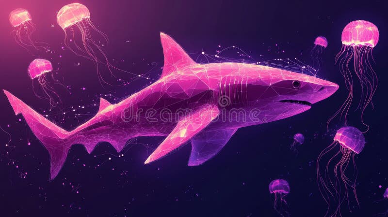 Pink Shark and Jellyfish in Neon Ocean Stock Illustration ...