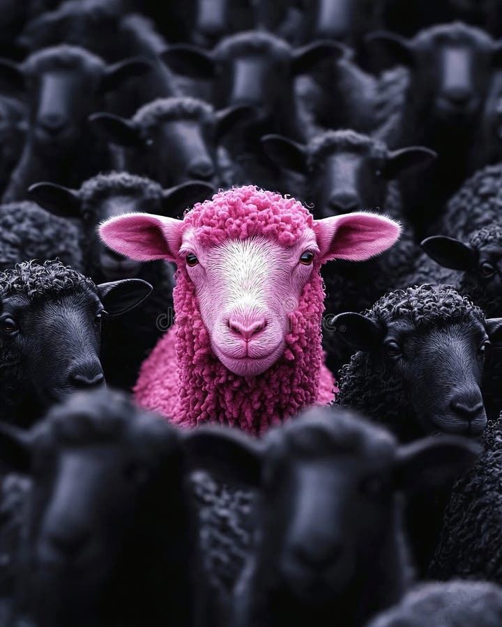 Pink Sheep in a Flock of Black Sheep. Generative Ai Stock Photo - Image ...