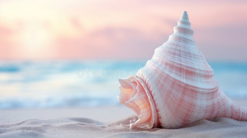 A Pink Shell on the Beach at Sunset, AI Stock Illustration ...