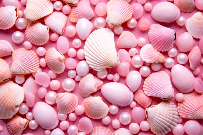 Pink Shells with Pearls Flat Lay Background Stock Photo - Image of ...