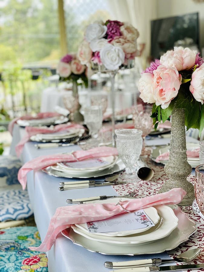Pink and Silver Party Theme and Table Setting Stock Image - Image of ...