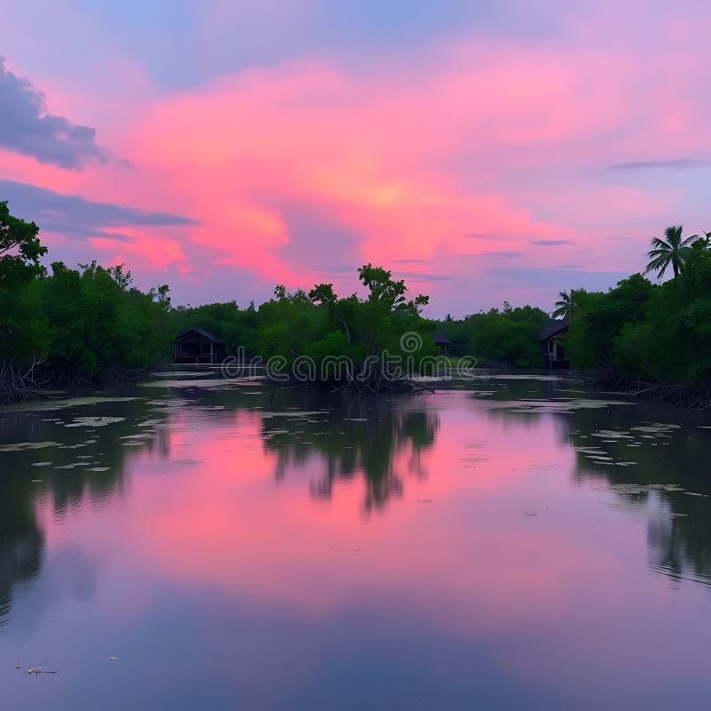 Pink Sky Over Mangrove Lagoon Stock Illustration - Illustration of ...