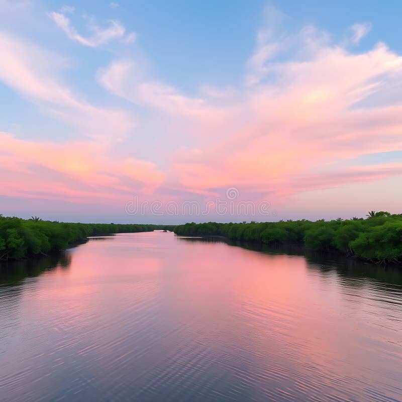 Pink Sky Over Mangrove Lagoon Stock Illustration - Illustration of ...
