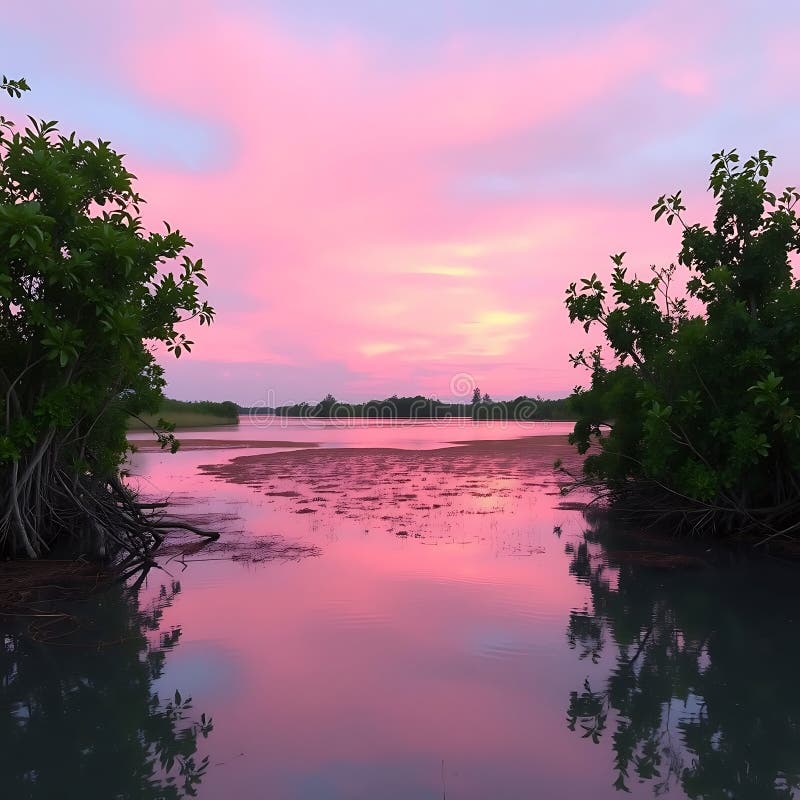 Pink Sky Over Mangrove Lagoon Stock Illustration - Illustration of ...