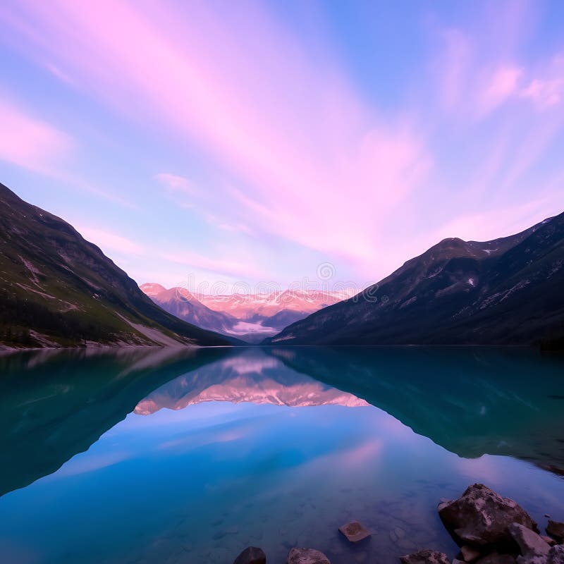 Pink Sky Reflected in Calm Mountain Lake Stock Illustration ...