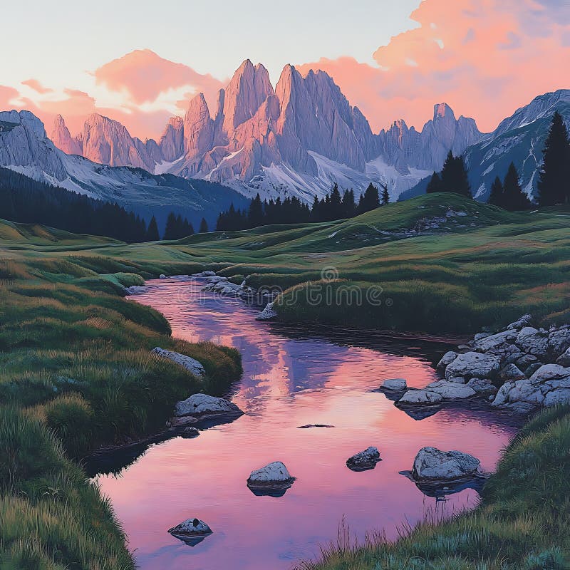 Pink Sky Reflection in Mountain Stream Stock Illustration ...