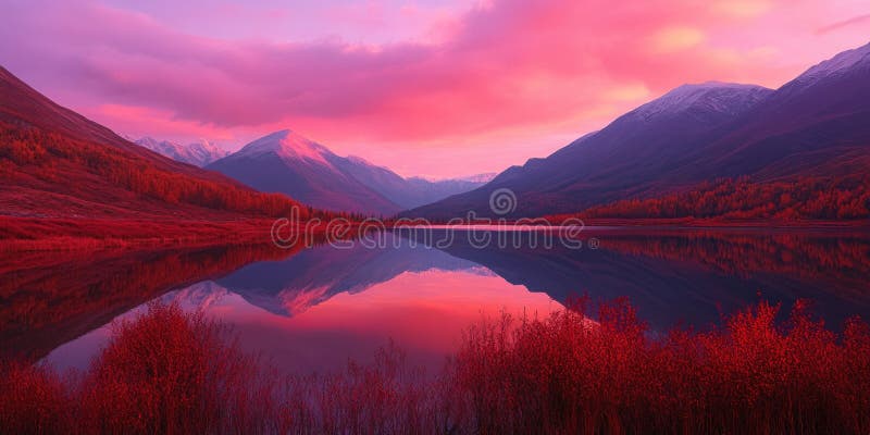 Pink Sky Sunset Reflection at Mountain Lake Stock Image - Image of ...