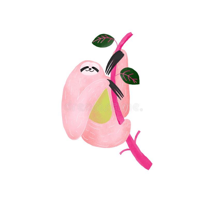 Sloth Hanging on Tree Branch. Cartoon Character Drawing with Texture ...