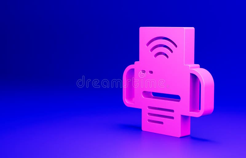 Pink Smart Printer System Icon Isolated on Blue Background. Internet of ...