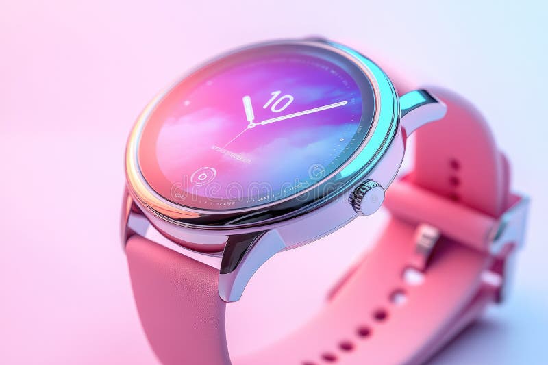 Pink Smartwatch Displaying Time and Atmospheric Pressure on Gradient ...