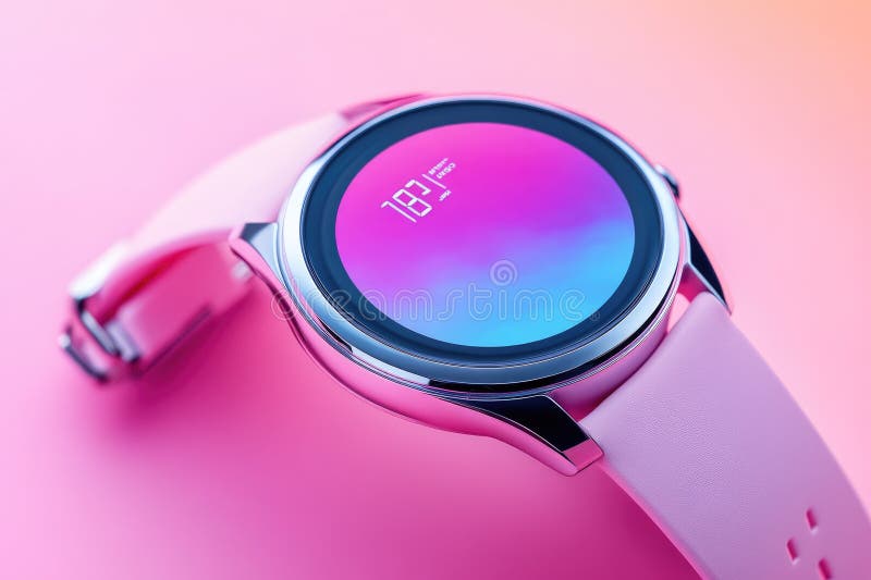 Pink Smartwatch Displaying Time and Atmospheric Pressure on Gradient ...