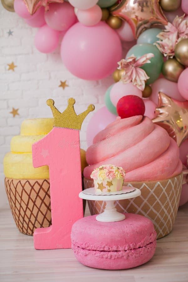 Pink Smash Cake for First Birthday Stock Photo - Image of macaroon ...